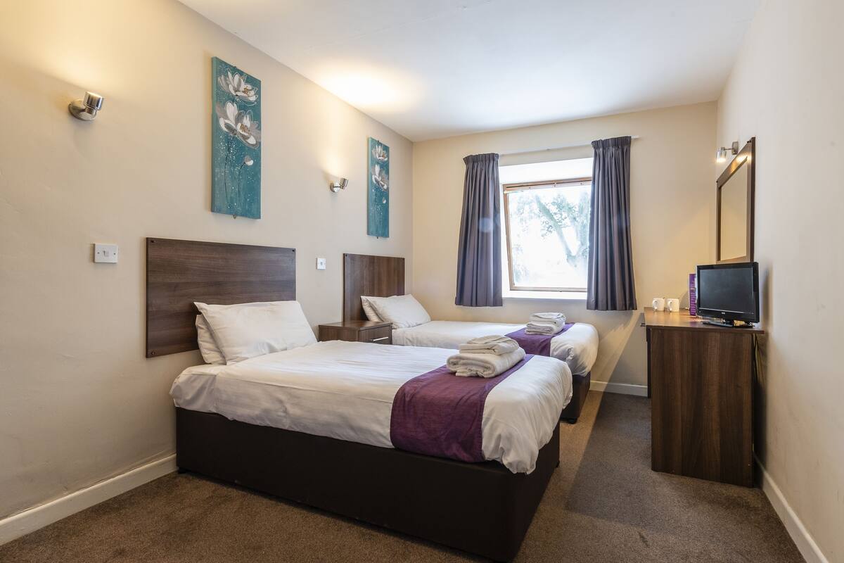 Quarto de hotel com duas camas, televisão e obras de arte nas paredes.