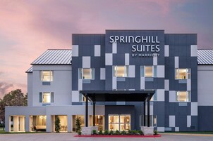 Um hotel moderno com fachada quadriculada, chamado 'Springhill Suites by Marriott'.