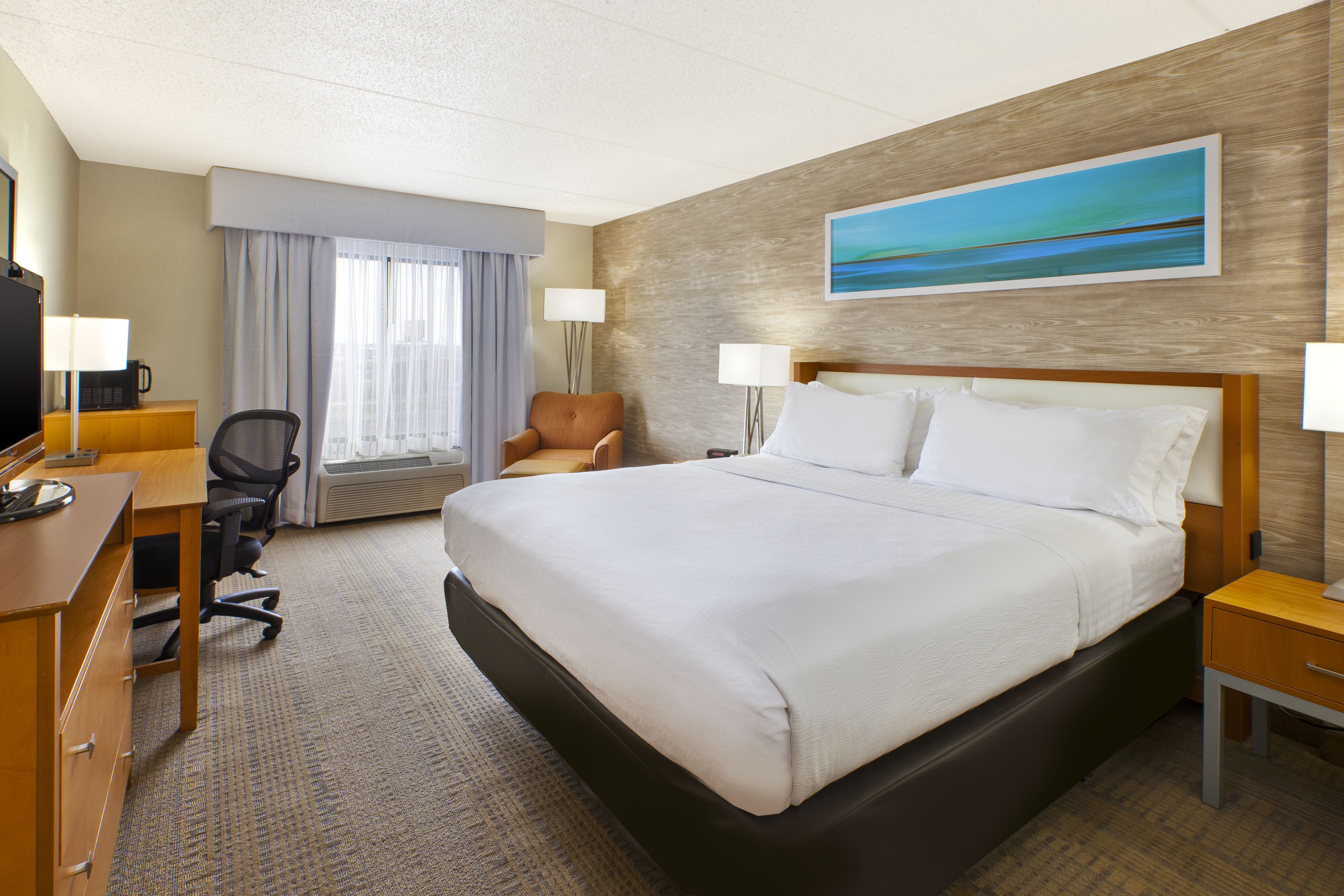 Quarto de hotel com uma cama grande, uma escrivaninha com cadeira, televisão e um quadro na parede.