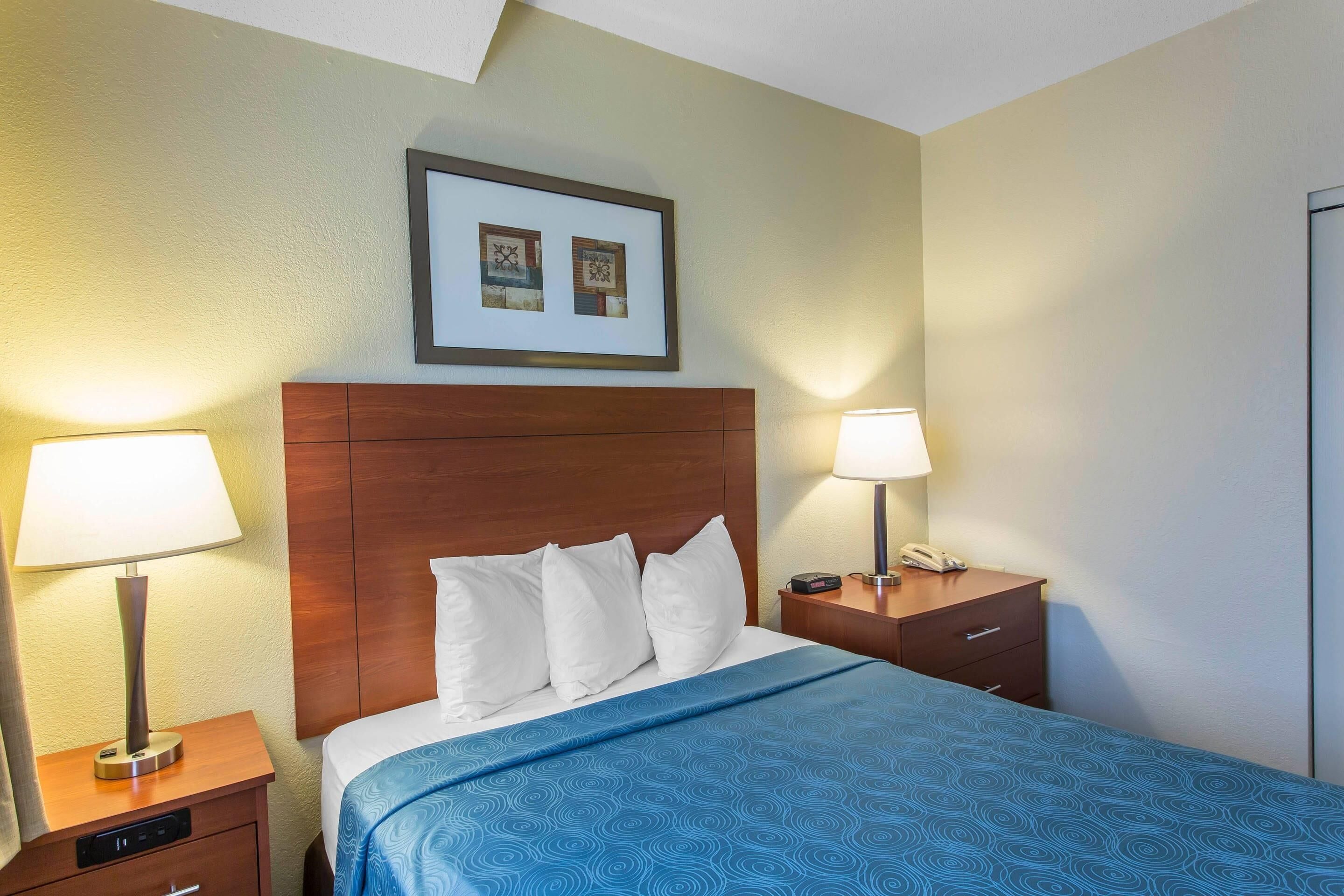 Quarto de hotel com uma cama, duas mesas de cabeceira com luminárias, uma cabeceira de madeira, um quadro emoldurado acima da cama e uma porta à direita.