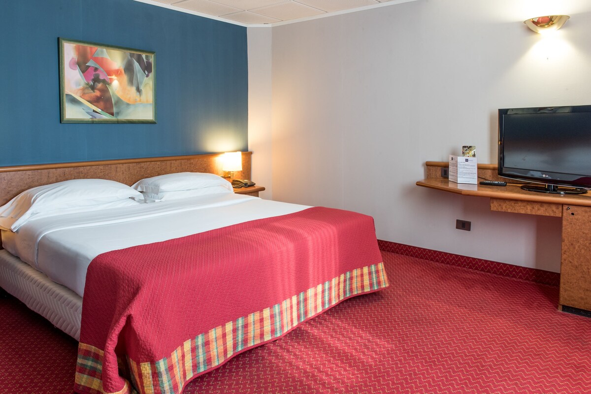 Quarto de hotel com uma cama, uma televisão, uma escrivaninha com abajur e um quadro na parede.
