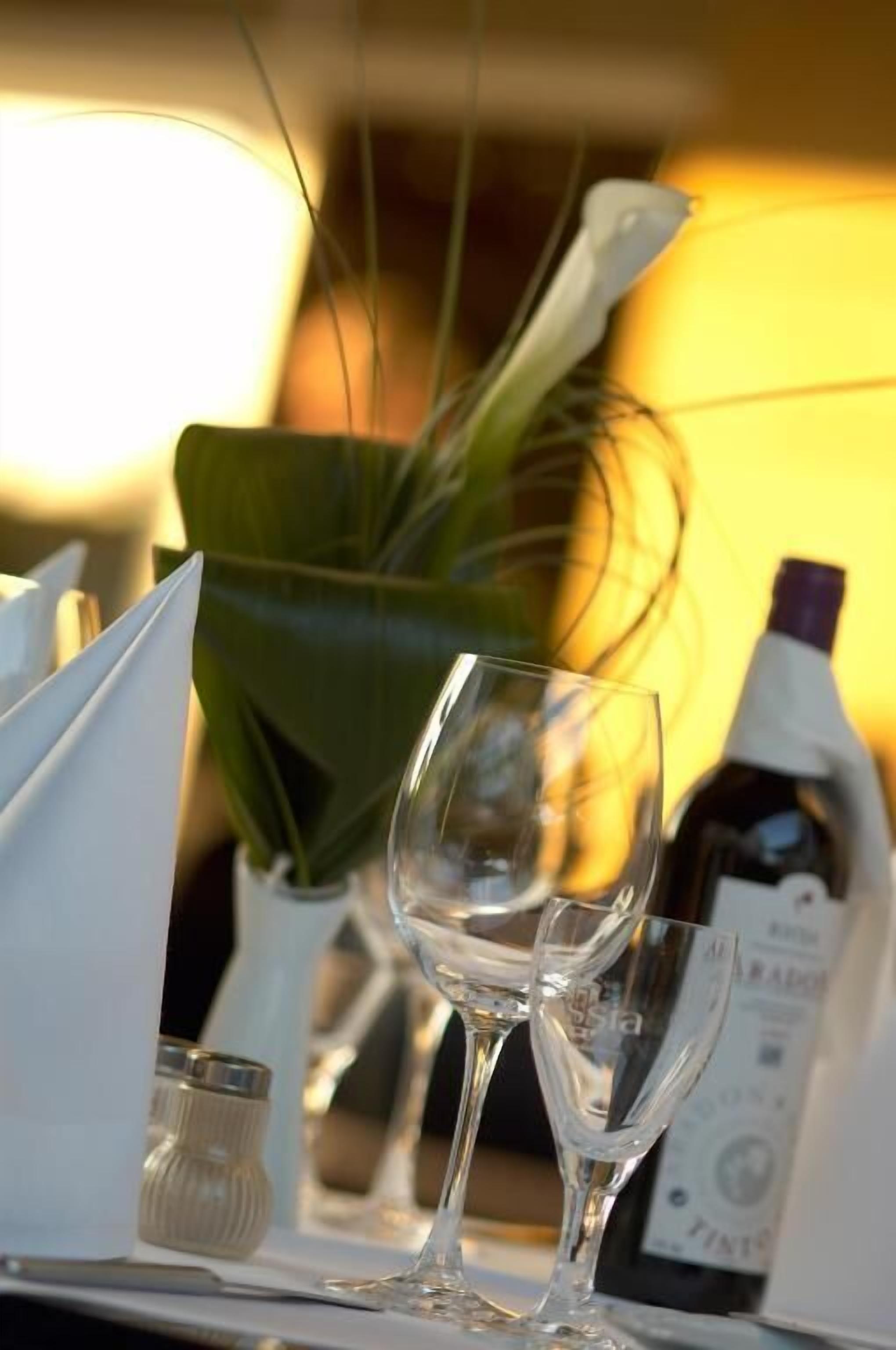 Uma mesa com uma taça de vinho, uma garrafa de vinho e uma planta.