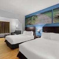 Quarto de hotel com duas camas, uma janela grande com vista para uma paisagem verde e design moderno.