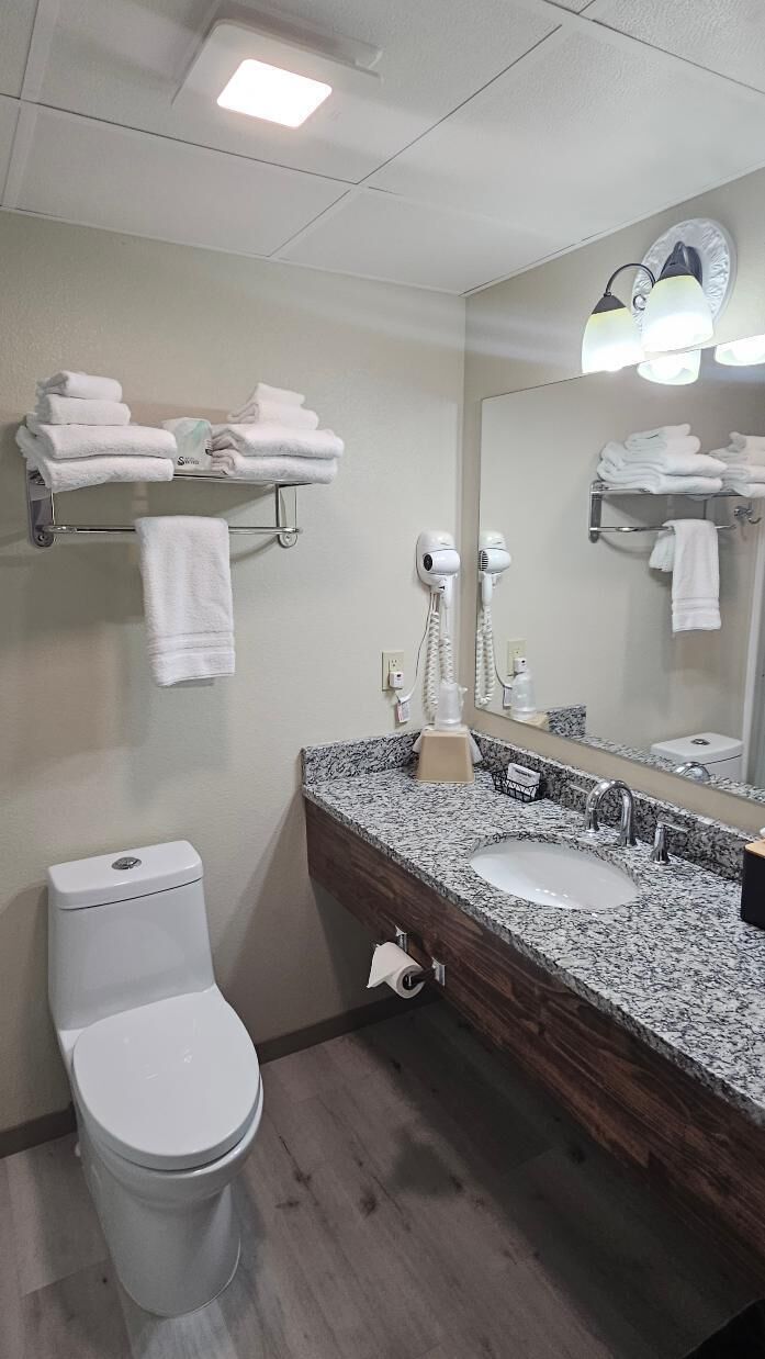 Casa de banho com sanita, lavatório, porta-toalhas e secador de cabelo.