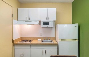 Um frigorífico/congelador grande, um micro-ondas, uma placa de cozinha 
