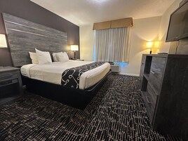 Quarto de hotel com uma cama grande, mesas de cabeceira, televisão de tela plana e uma janela ampla com cortinas.