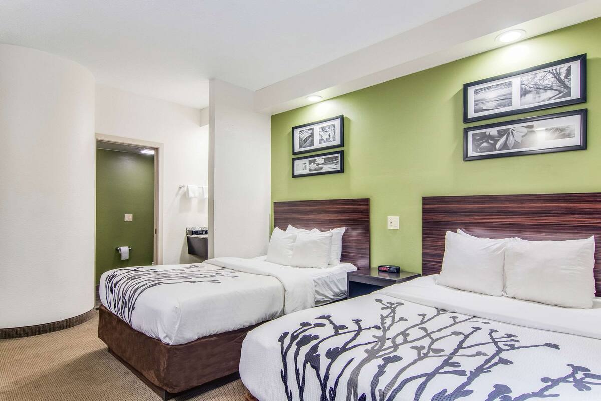 Quarto de hotel com duas camas, uma parede de destaque verde e quadros emoldurados.
