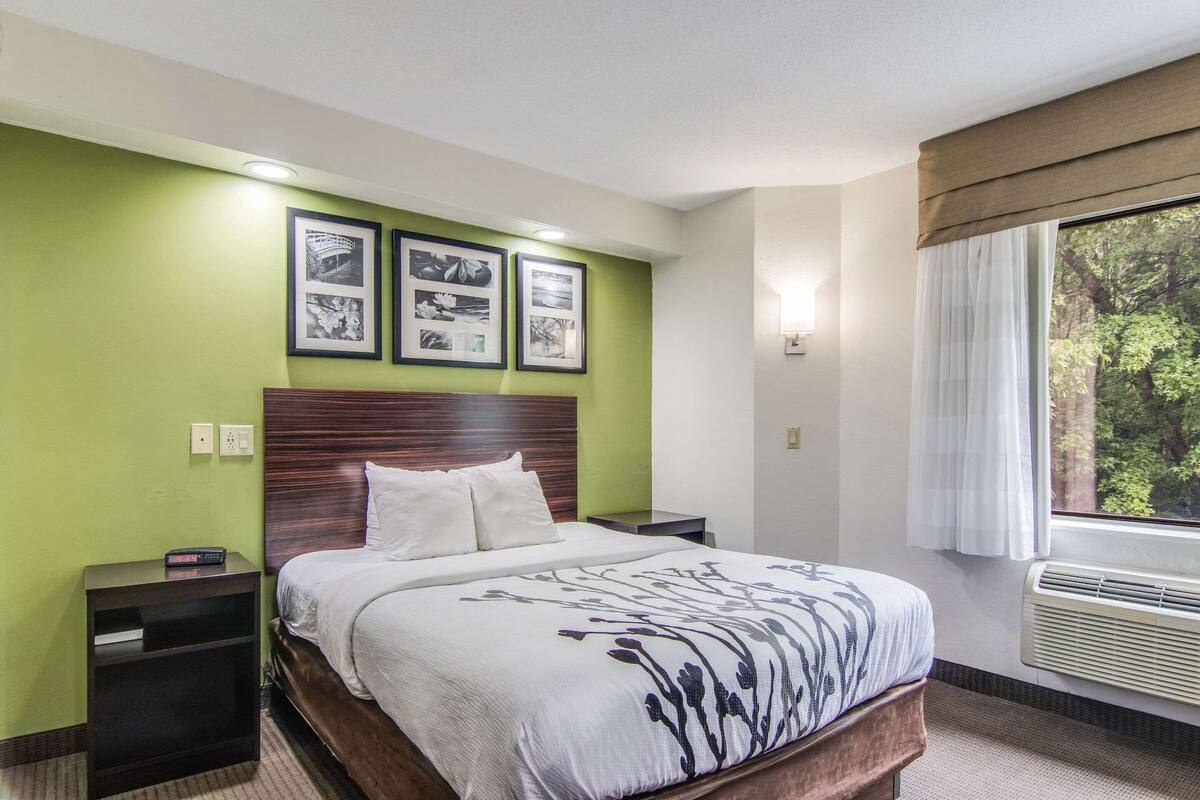 Quarto de hotel com cama, mesa de cabeceira, televisão fixada na parede e quadros emoldurados.