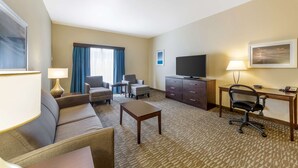 Quarto de hotel com sofá, poltrona, escrivaninha, televisão e um quadro na parede.