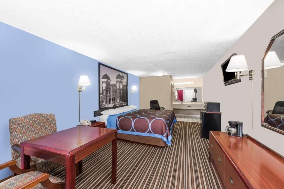 Quarto de hotel com cama, escrivaninha, cadeira, penteadeira, espelho e um quadro na parede.