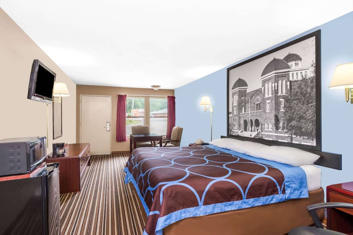 Quarto de hotel com uma cama, uma escrivaninha, televisão, luminária e um quadro na parede.