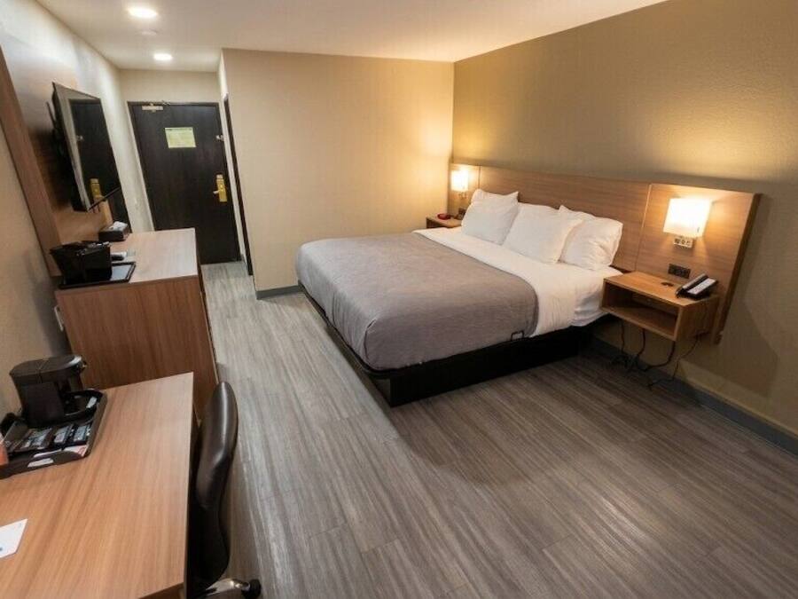 Quarto de hotel com cama, mesa de cabeceira, abajur, escrivaninha, cadeira e televisão.