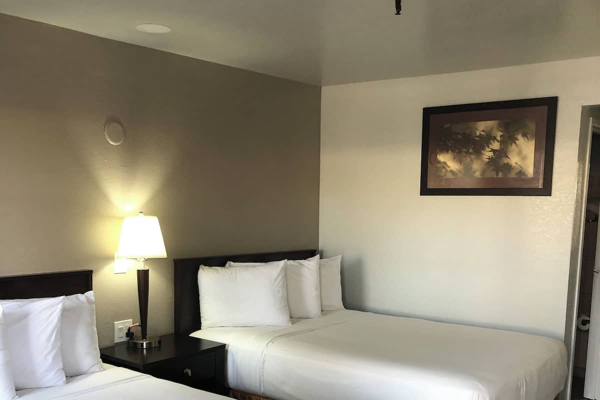 Quarto de hotel com duas camas, uma mesa de cabeceira com abajur, iluminação no teto e um quadro na parede.