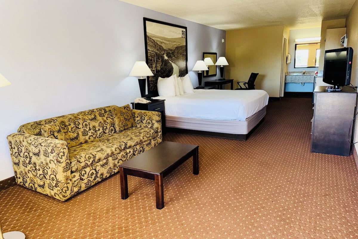 Quarto de hotel com cama, sofá, escrivaninha e televisão.