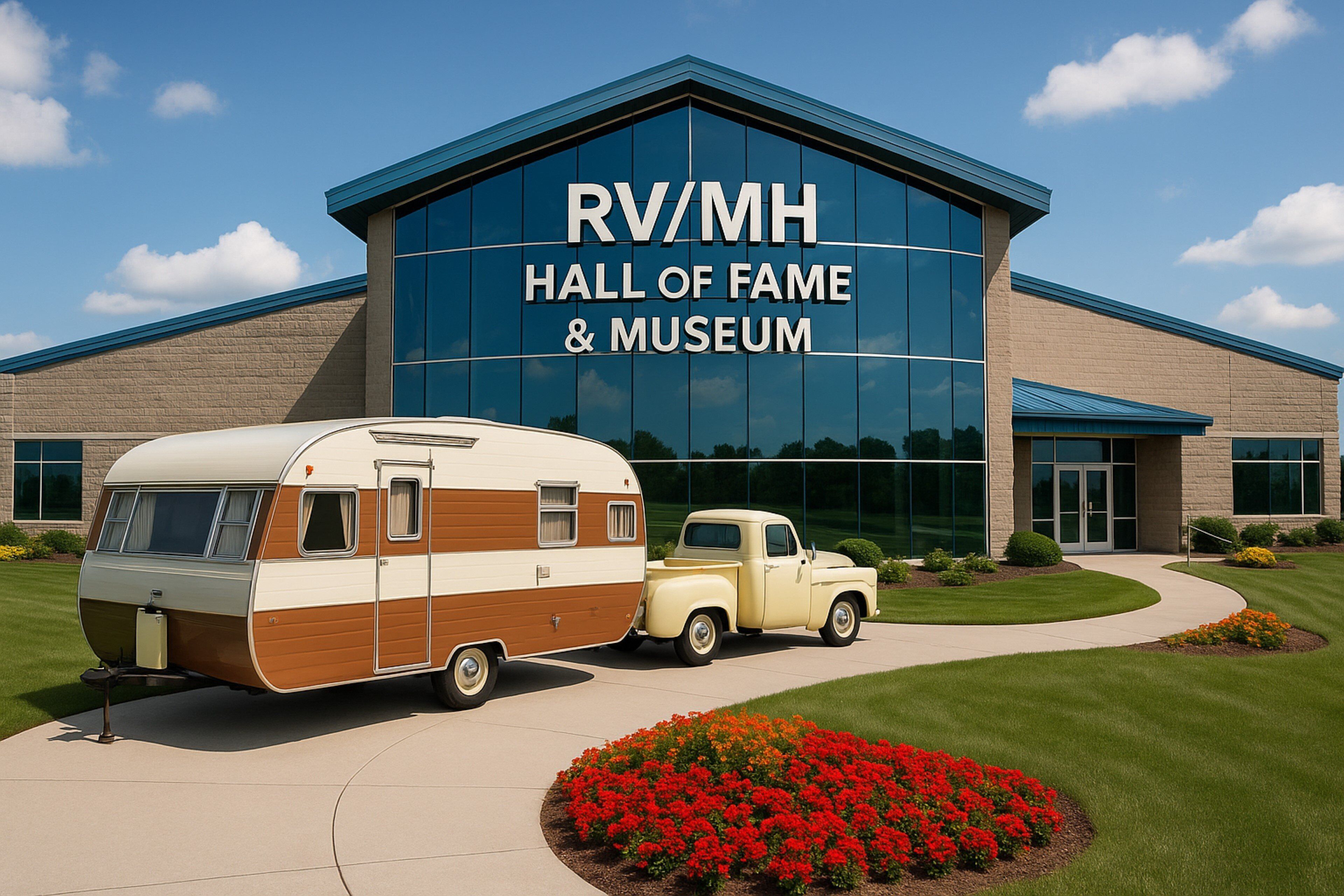 Edifício do Hall da Fama e Museu de RV/MH, com uma van camper e um caminhão antigos estacionados na frente.