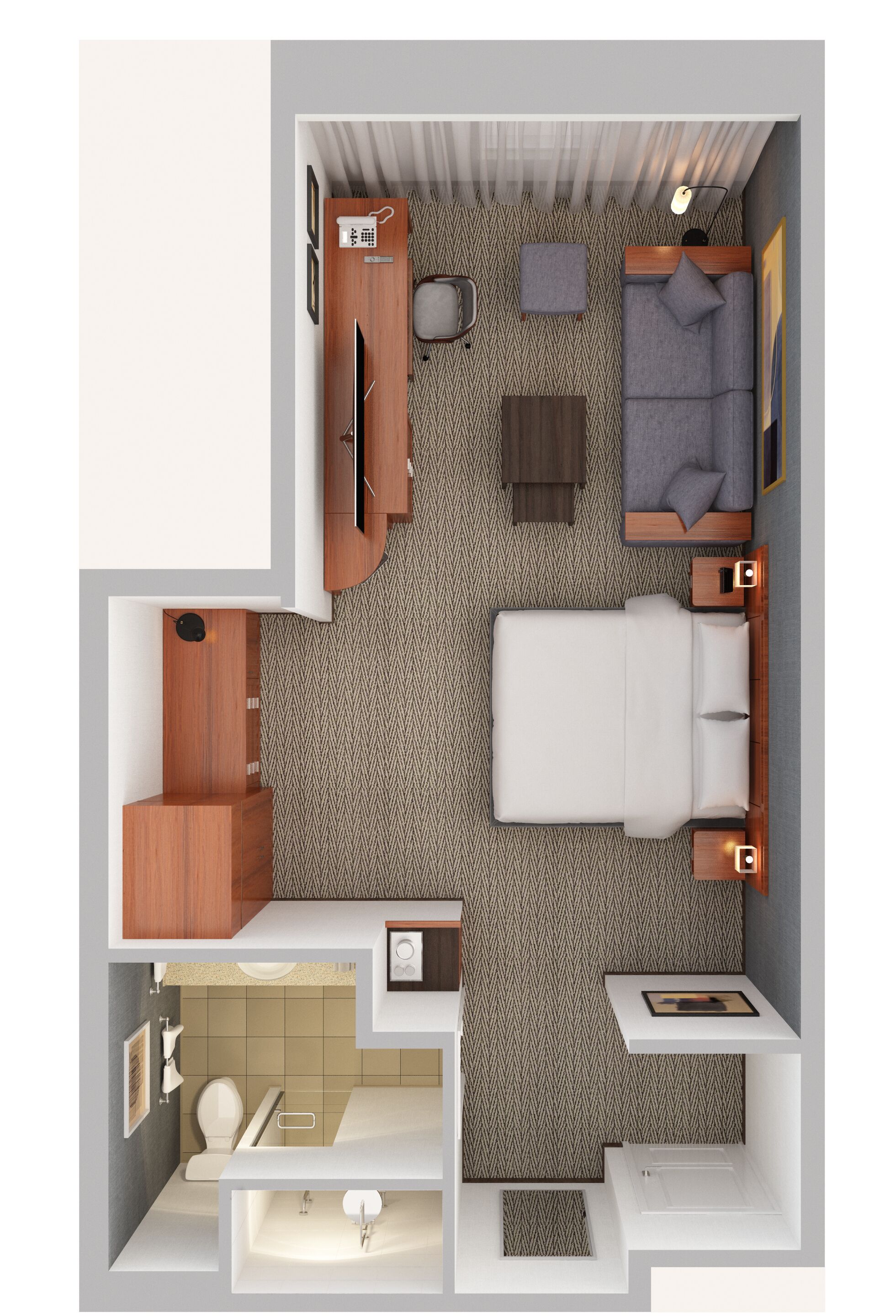 Quarto de hotel com 2 quartos, banheiro privativo, área de estar com sofá e mesa de centro, e uma pequena varanda.