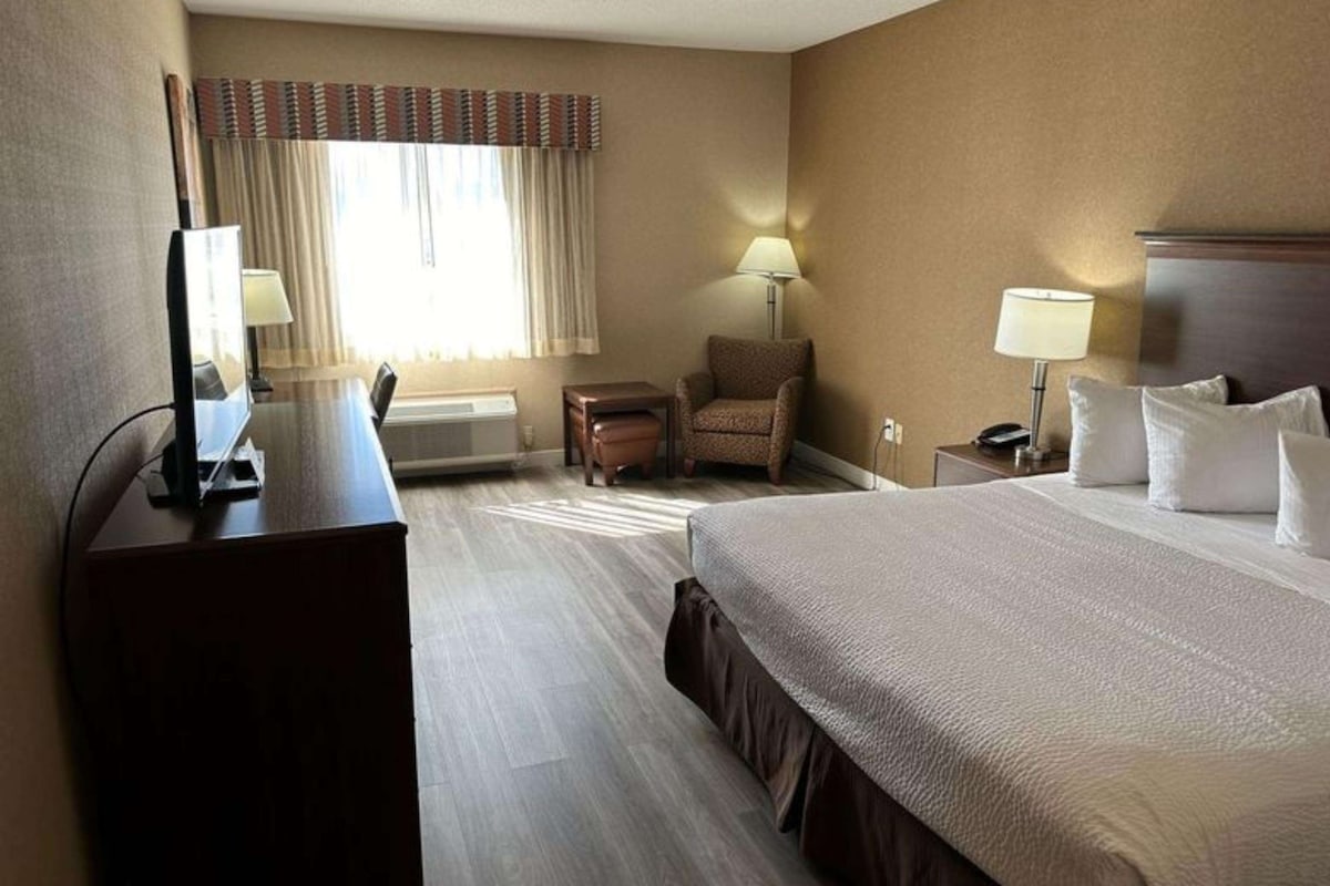 Quarto de hotel com uma cama grande, uma escrivaninha com computador, uma cadeira, duas luminárias e uma janela com cortinas.