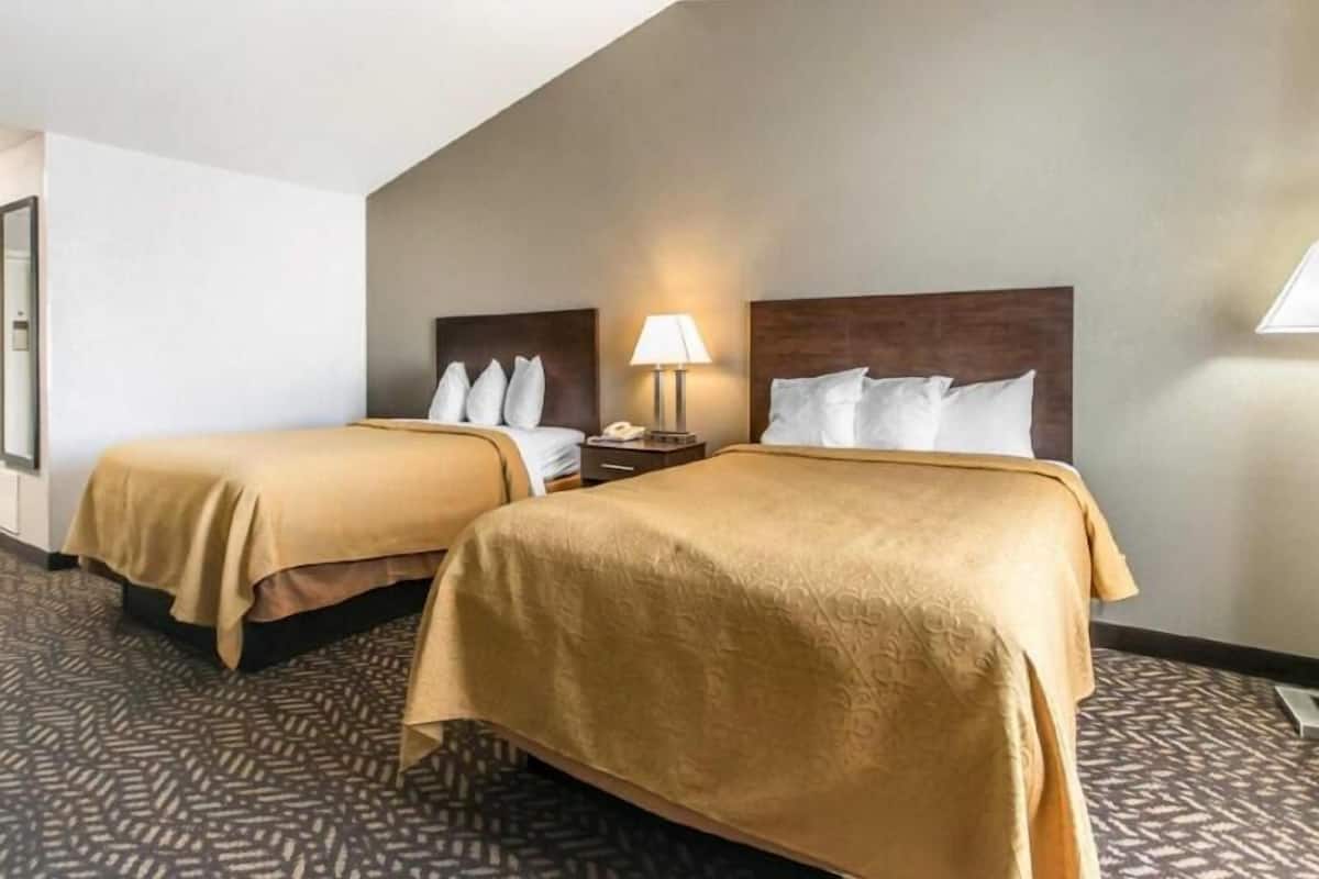 Quarto de hotel com duas camas, uma mesinha de cabeceira, uma luminária e um tapete estampado.