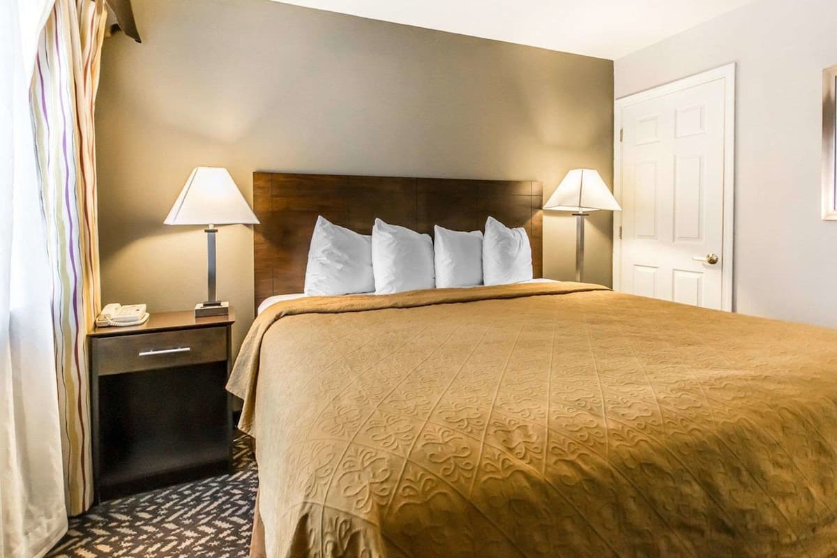 Quarto de hotel com cama grande, duas luminárias de cabeceira, mesa de apoio com telefone e uma porta.