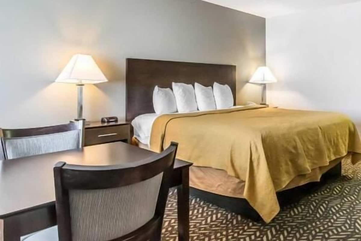 Quarto de hotel com uma cama, duas mesas de cabeceira, uma escrivaninha e duas luminárias.