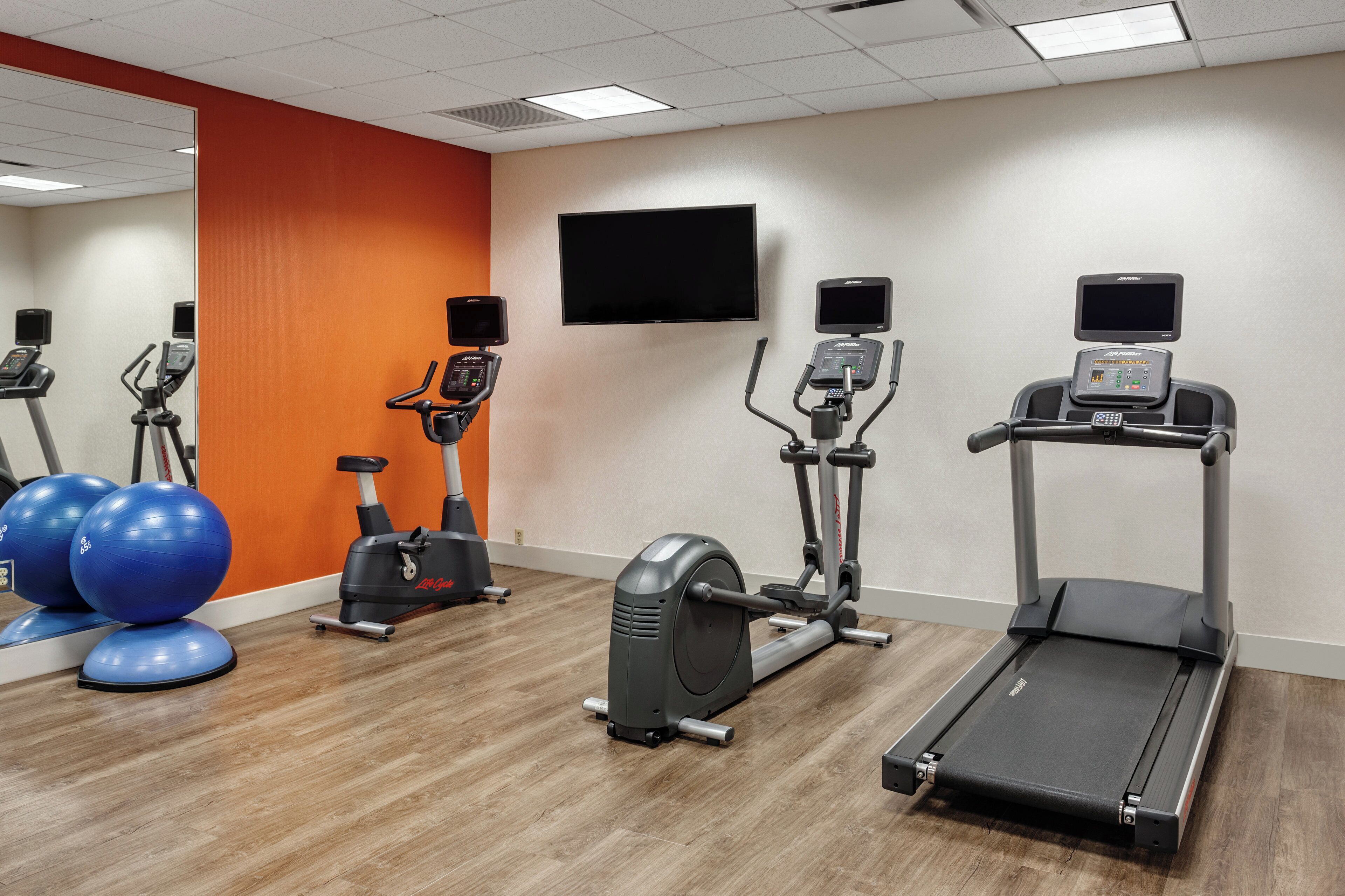 Academia com equipamentos de cardio, bolas de exercício e uma tela de televisão.