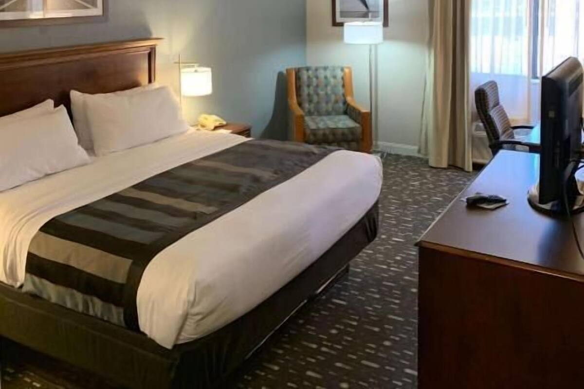 Quarto de hotel com uma cama grande, uma escrivaninha, uma cadeira, um abajur e uma televisão.