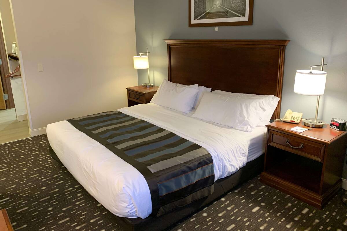 Quarto de hotel com uma cama grande, cabeceira de madeira, duas mesas de cabeceira com luminárias e piso coberto por carpete.