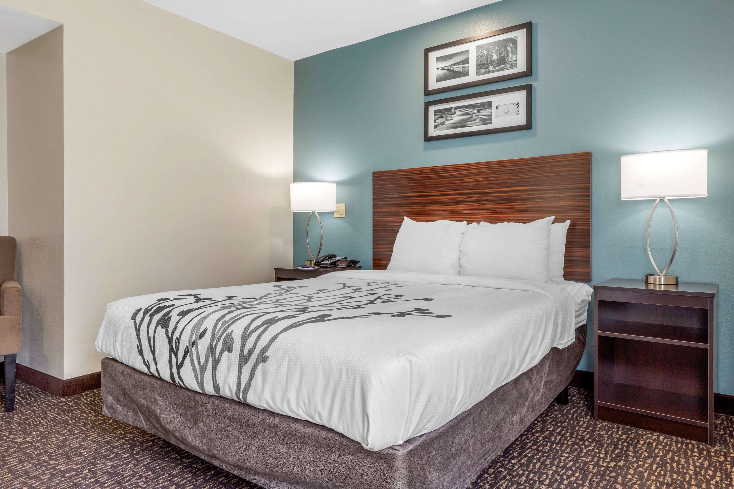 Quarto de hotel com uma cama grande, duas luminárias de cabeceira, mesa de cabeceira e uma cadeira.