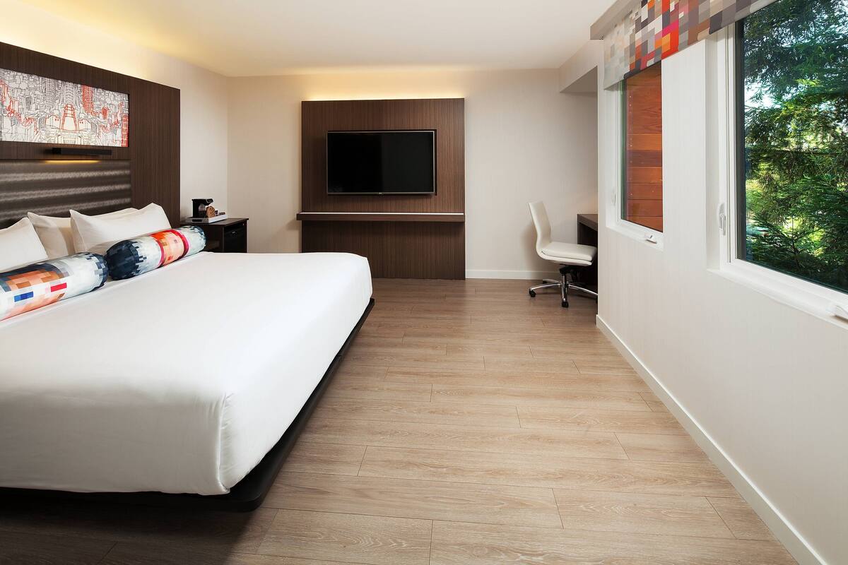 Quarto de hotel moderno com uma cama grande, uma escrivaninha, uma televisão e uma janela com vista para árvores.