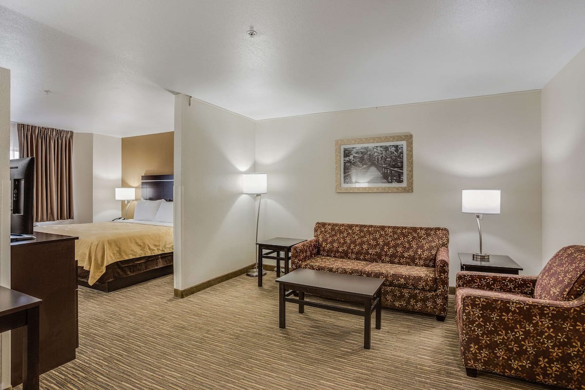 Quarto de hotel com cama, sofá, poltrona, escrivaninha e luminária.