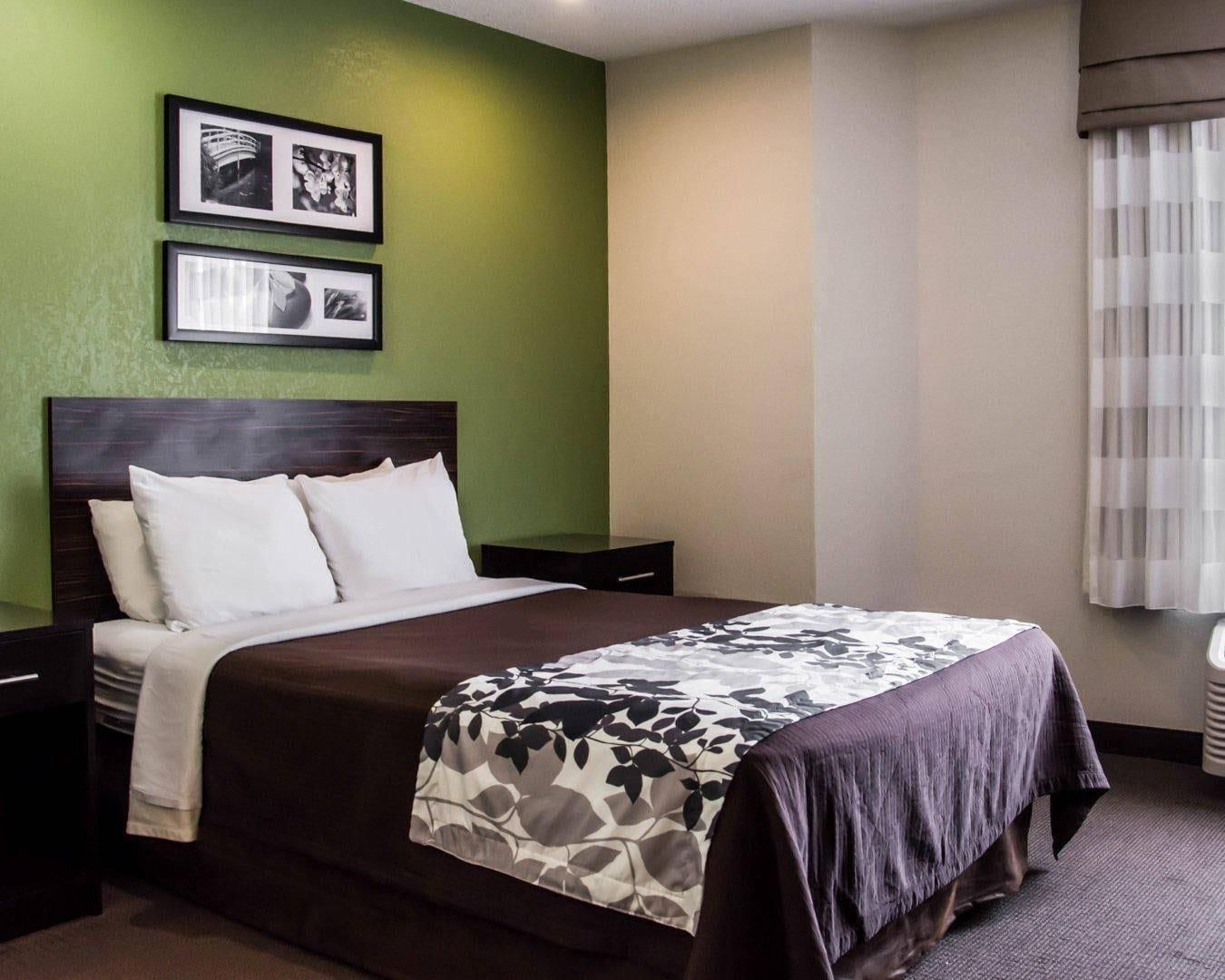 Quarto de hotel com uma cama, duas mesas de cabeceira, uma parede verde e duas imagens emolduradas.