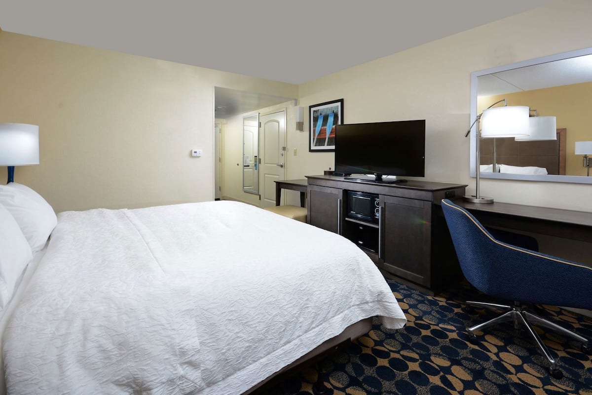 Quarto de hotel com cama, escrivaninha, televisão, micro-ondas e espelho.