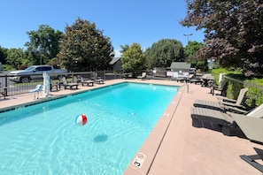 Piscina com espreguiçadeiras e uma bola de praia, cercada por árvores e um muro.