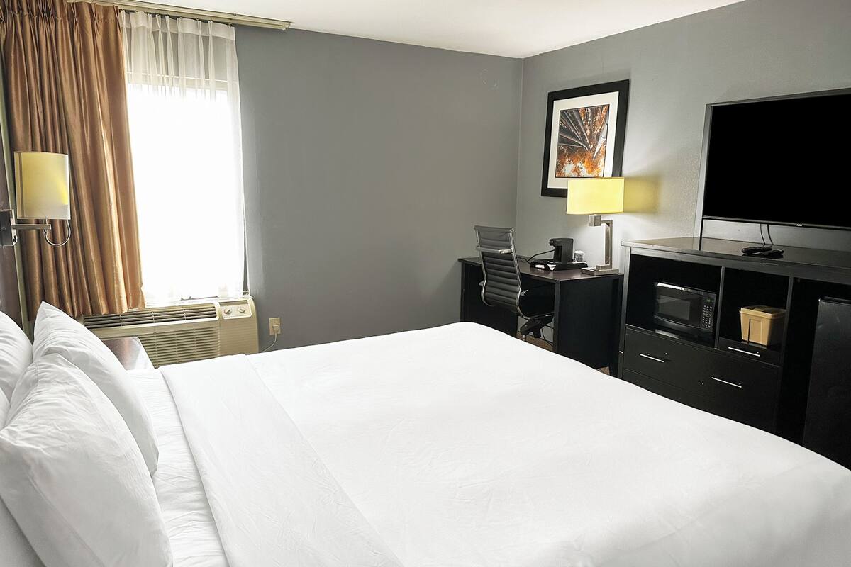Quarto de hotel com uma cama grande, uma escrivaninha com cadeira, televisão de tela plana, micro-ondas e cafeteira.