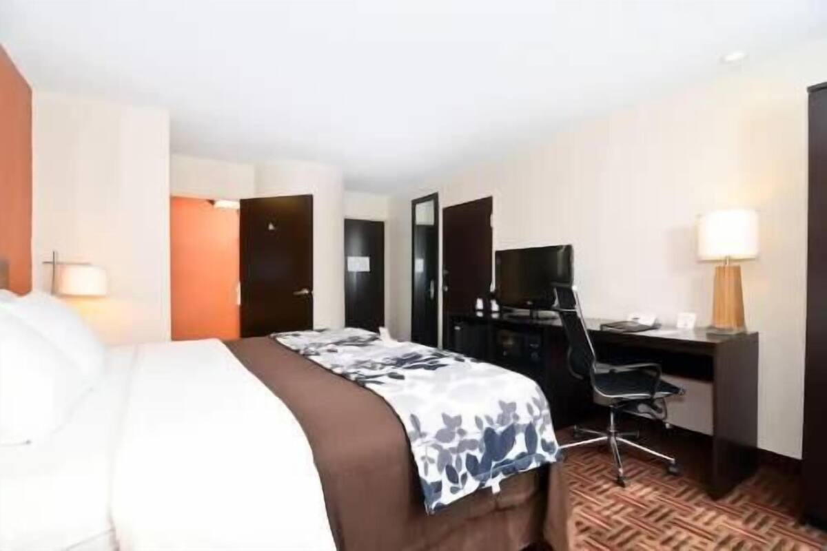 Quarto de hotel com cama, escrivaninha, cadeira, televisão e luminária.