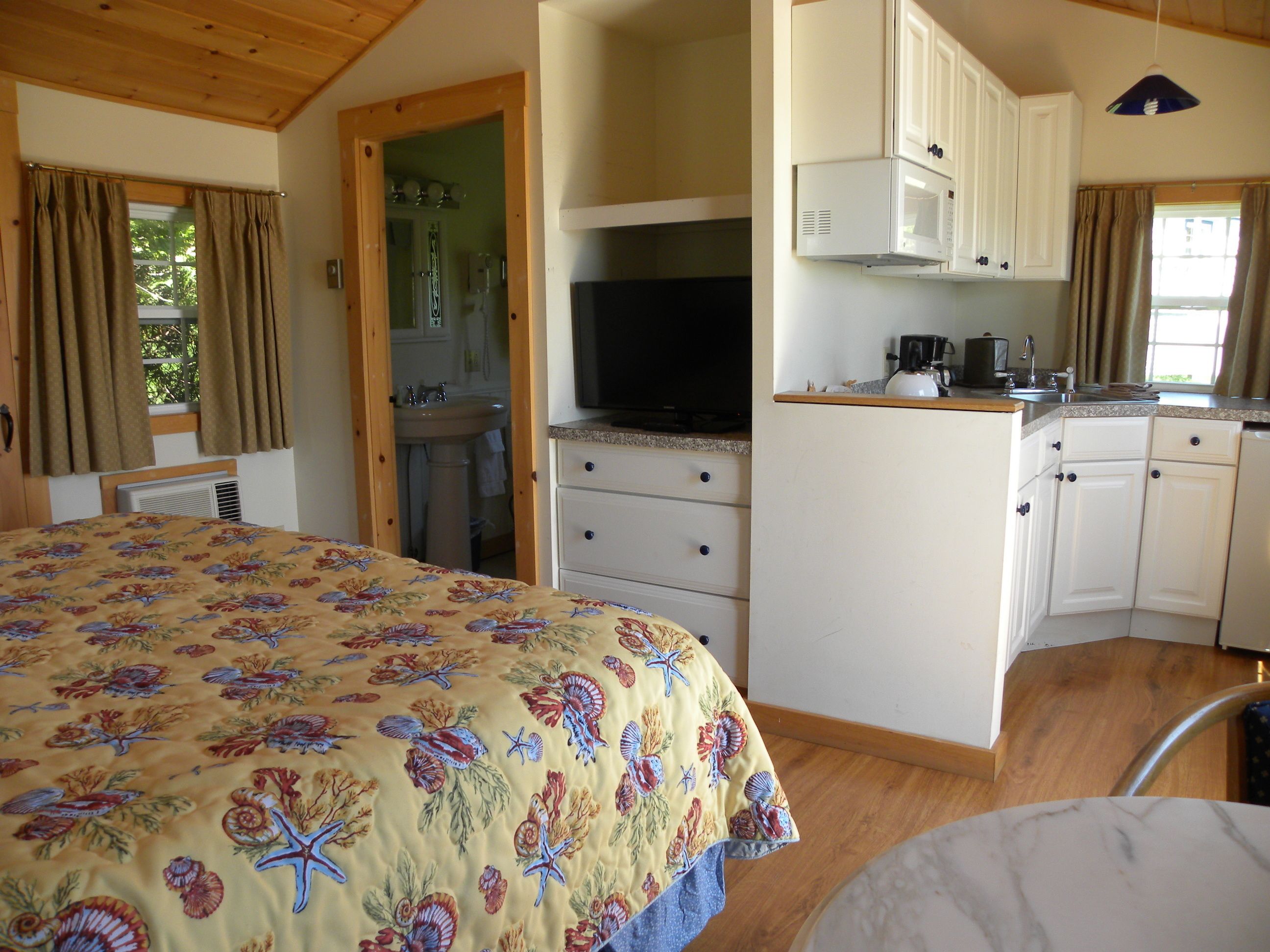 Quarto com cama, televisão, banheiro e cozinha compacta.