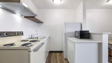 Um frigorífico/congelador grande, um micro-ondas, uma placa de cozinha
