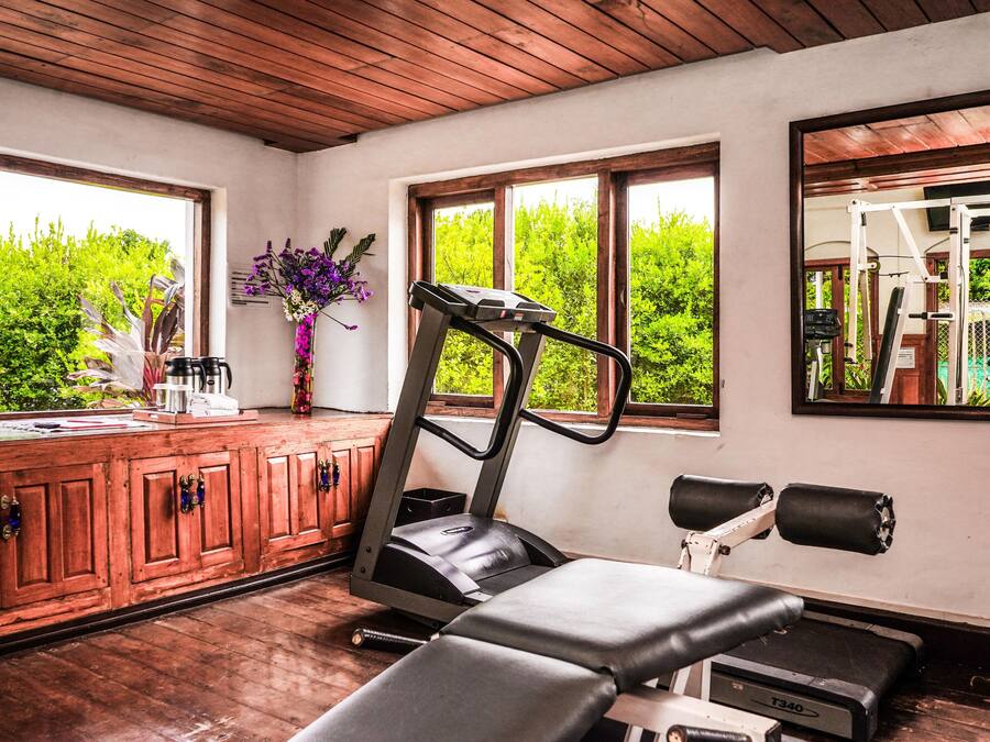 Uma academia com equipamentos de exercícios, armários de madeira e grandes janelas com vista para o verde.