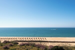 Uma praia com fileiras de guarda-sóis e um barco na água.