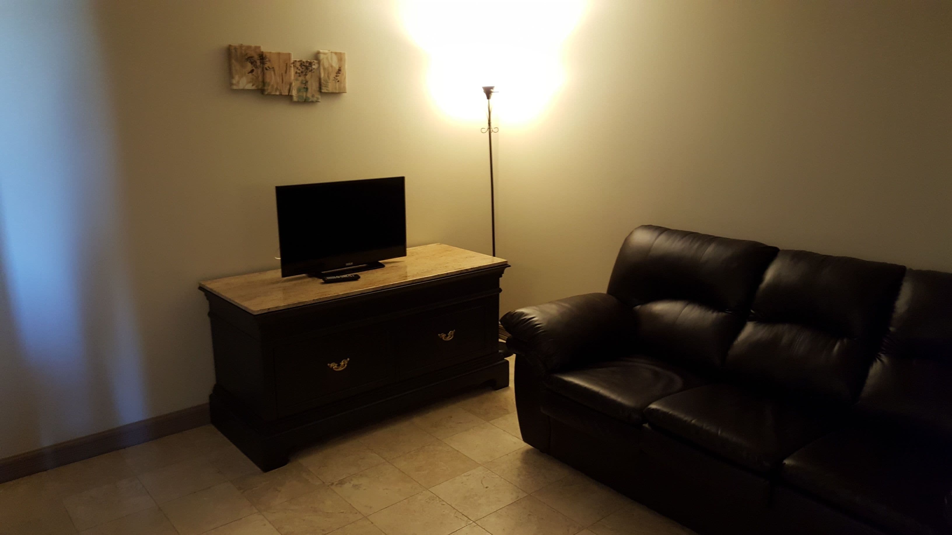 Uma sala de estar com televisão de tela plana em um armário de madeira, sofá de couro preto e abajur.