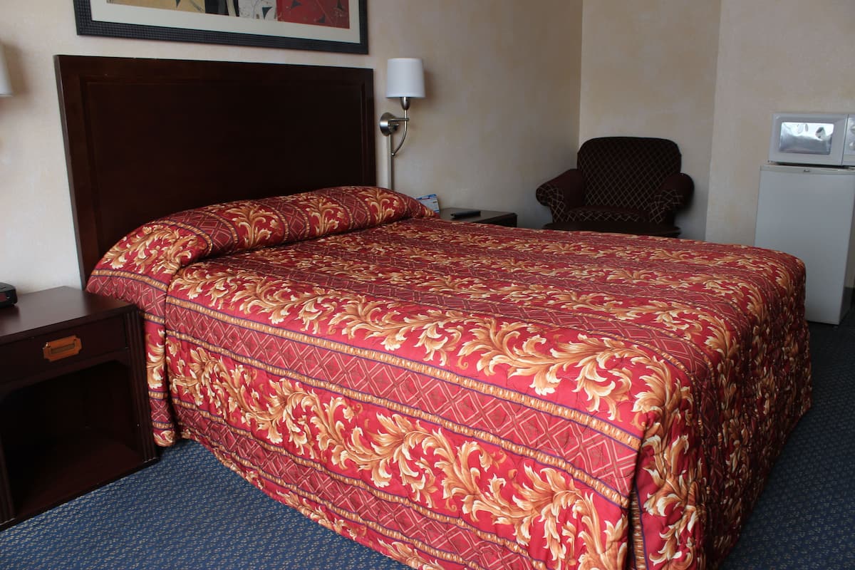 Quarto de hotel com uma cama grande, uma escrivaninha, uma cadeira, uma luminária e um pequeno frigorífico.