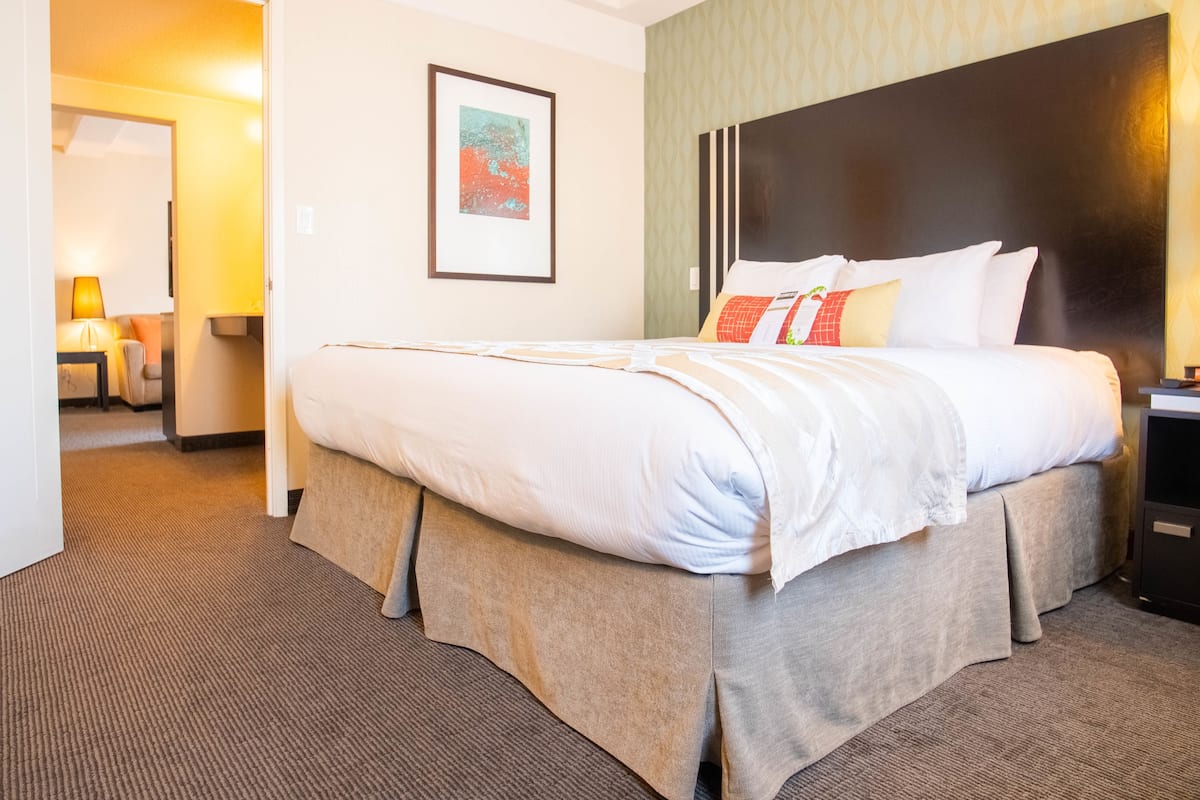 Quarto de hotel com uma cama grande, mesa de cabeceira, luminária e um quadro na parede.