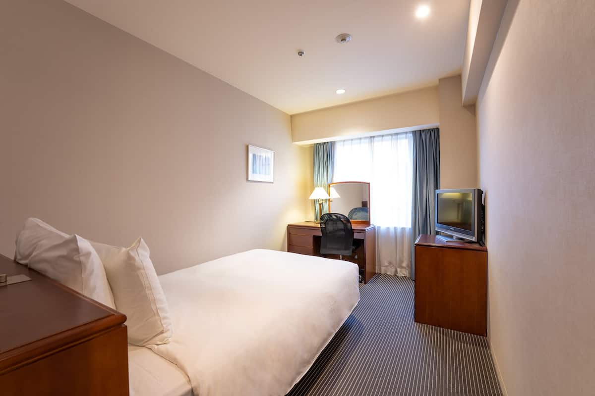 Quarto de hotel com uma cama, uma escrivaninha com cadeira, televisão e uma luminária.