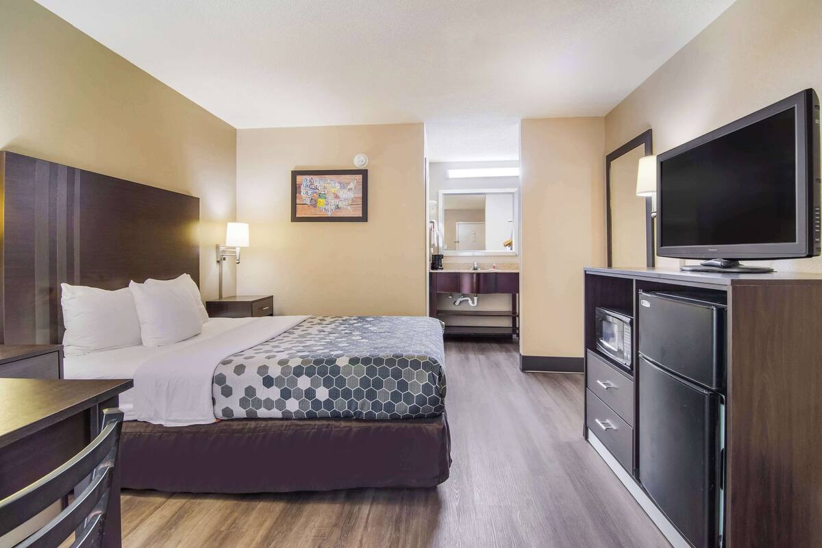 Quarto de hotel com uma cama, escrivaninha, penteadeira, televisão, micro-ondas e um banheiro visível ao fundo.
