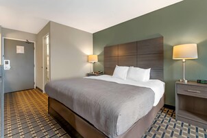 Quarto de hotel com cama grande, duas mesas de cabeceira com abajures, cabeceira de madeira e piso estampado.