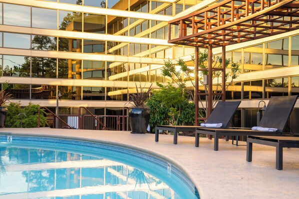 Piscina externa, funciona das 6h às 22h, espreguiçadeiras