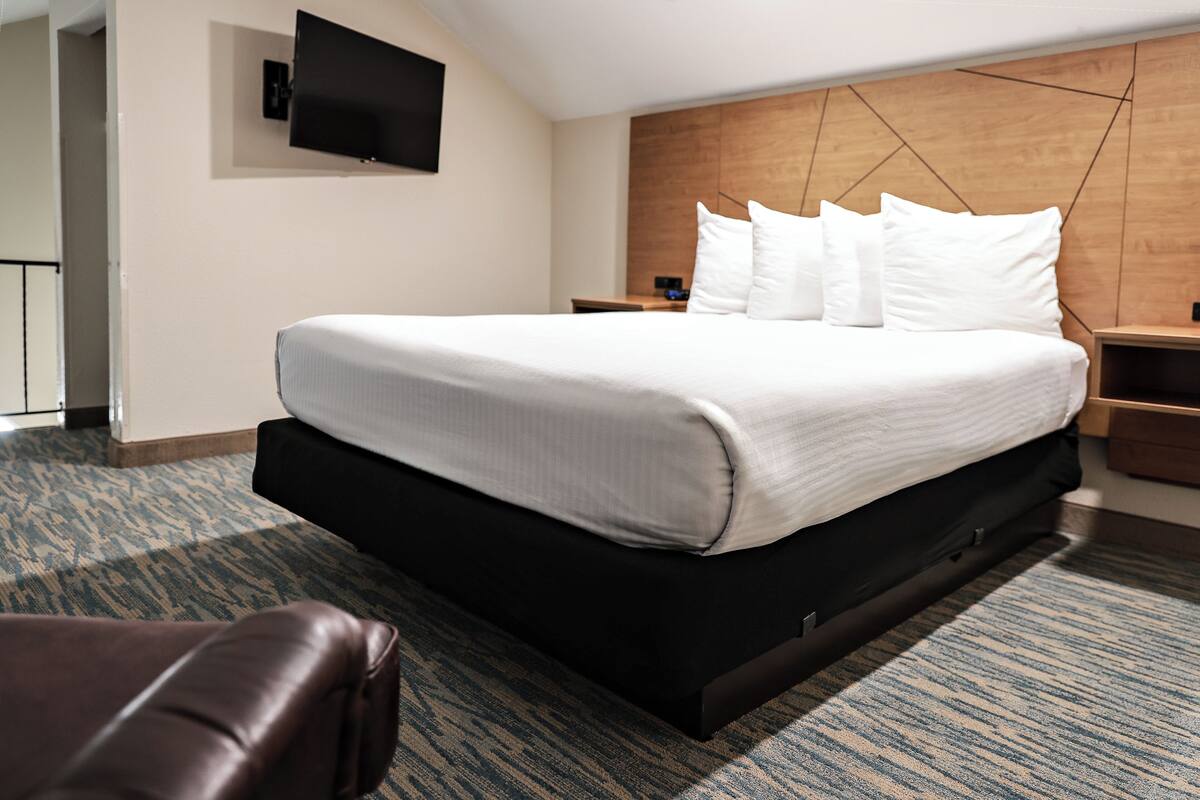 Quarto de hotel com uma cama grande, televisão de tela plana fixada na parede, cabeceira de madeira e carpete estampado.