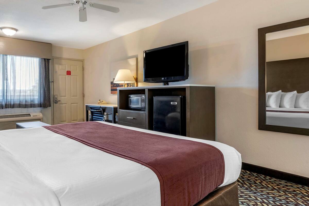 Quarto de hotel com uma cama grande, televisão, minibar e uma mesa com luminária.