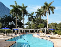 Piscina com espreguiçadeiras e guarda-sóis, cercada por palmeiras e um edifício moderno.