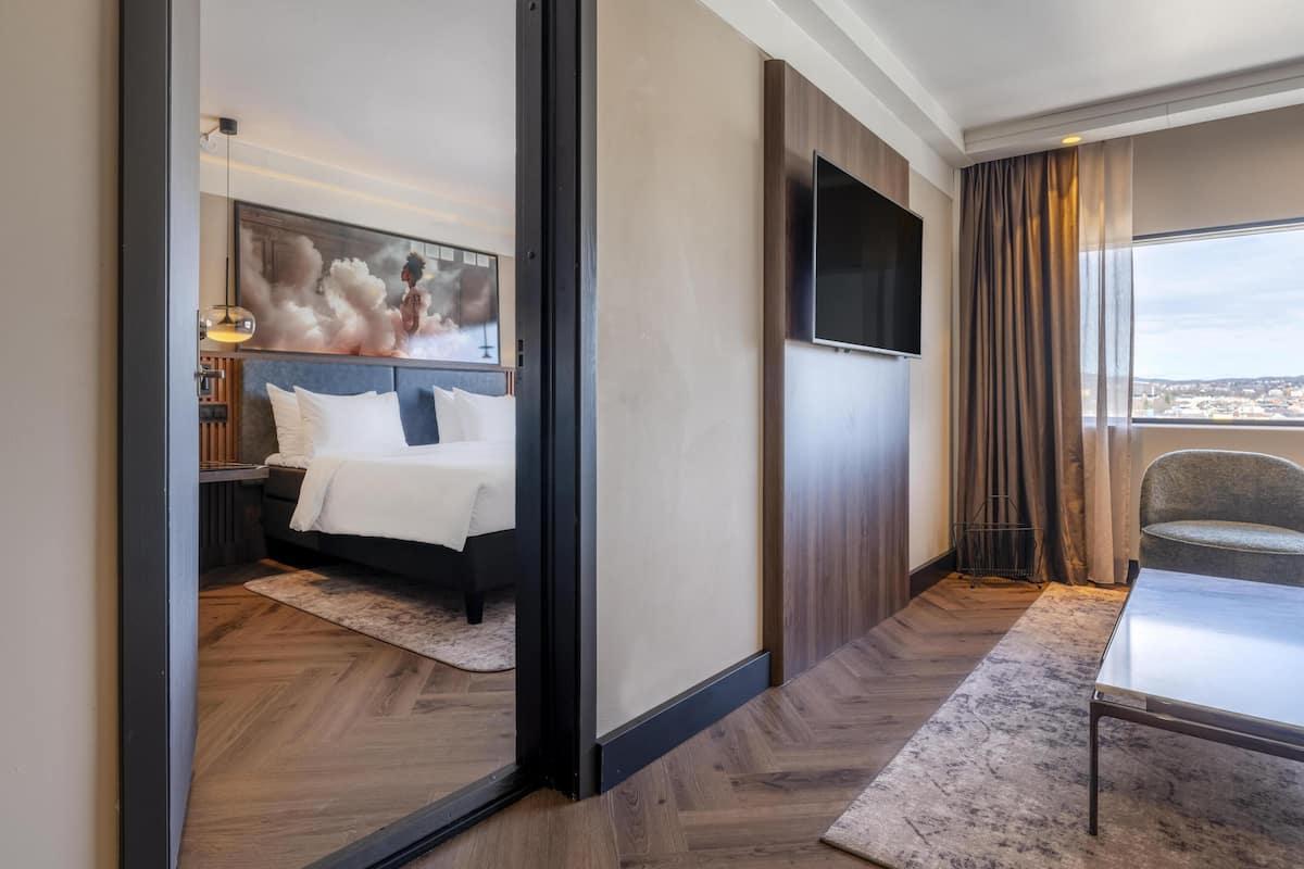 Quarto de hotel com cama, televisão, escrivaninha e vista para a cidade.